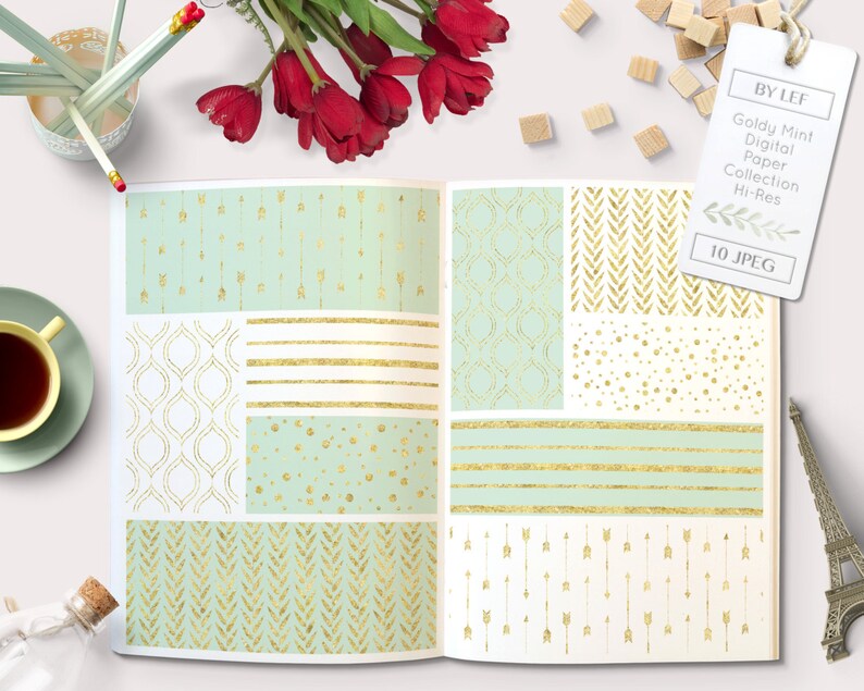Gold and Mint Digital Papers With Arrows Stripes Dots - Etsy