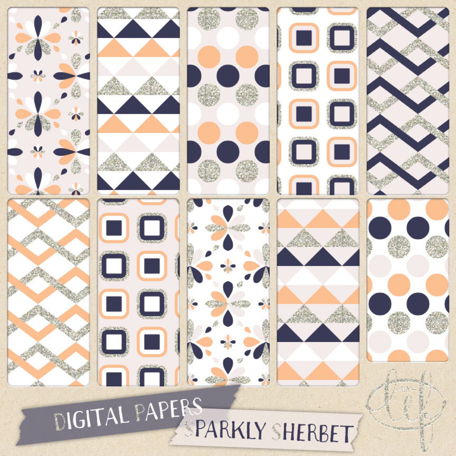 Silver Glitter Digital Paper Set Navy Blue Coral / Pink and - Etsy