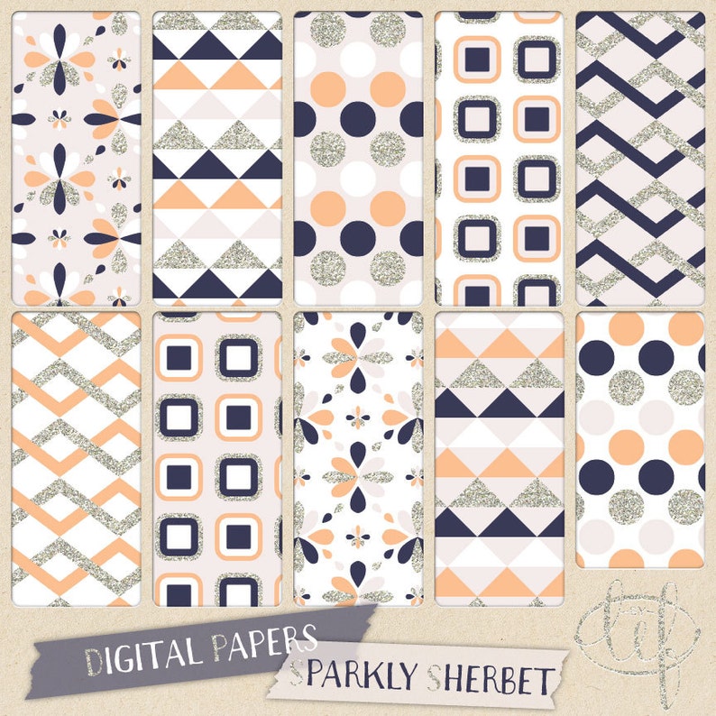 Silver Glitter Digital Paper Set, Navy Blue Coral / Pink and Cream ...