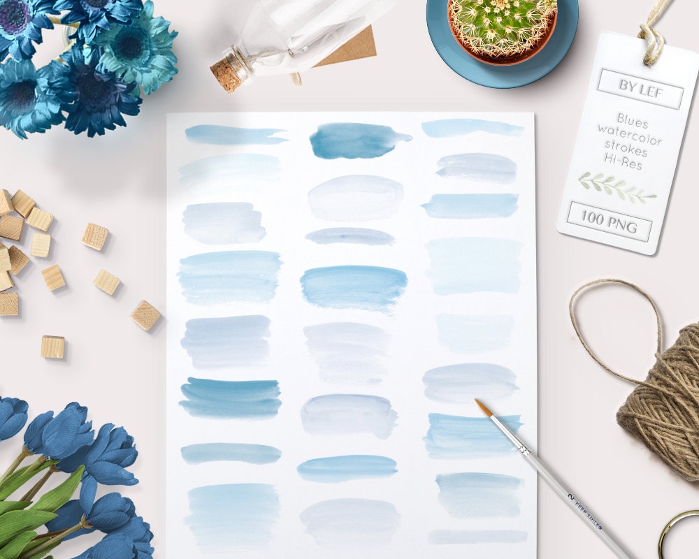 Watercolor Clipart Strokes Banners (100 Pc) Blue Light Blue Lavender ...