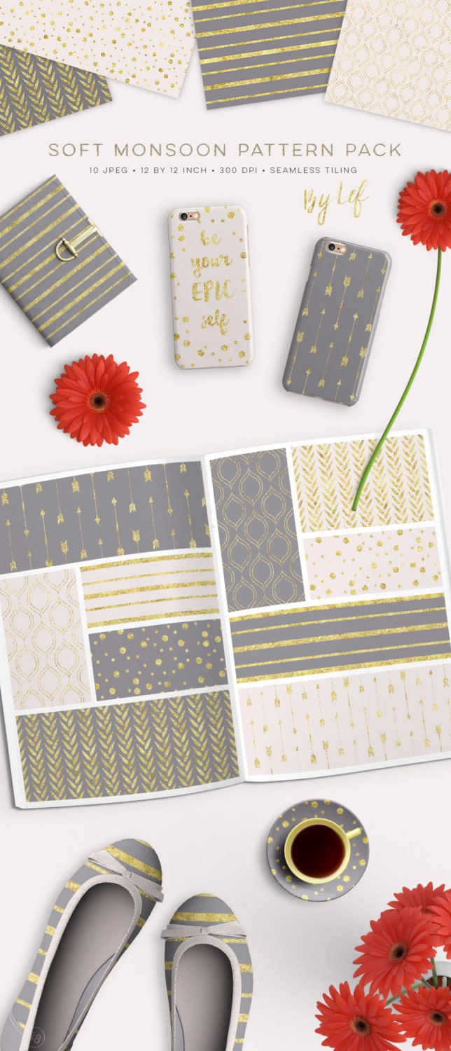 Gray and Gold Digital Paper Pack. Seamless patterns gold foil | Etsy