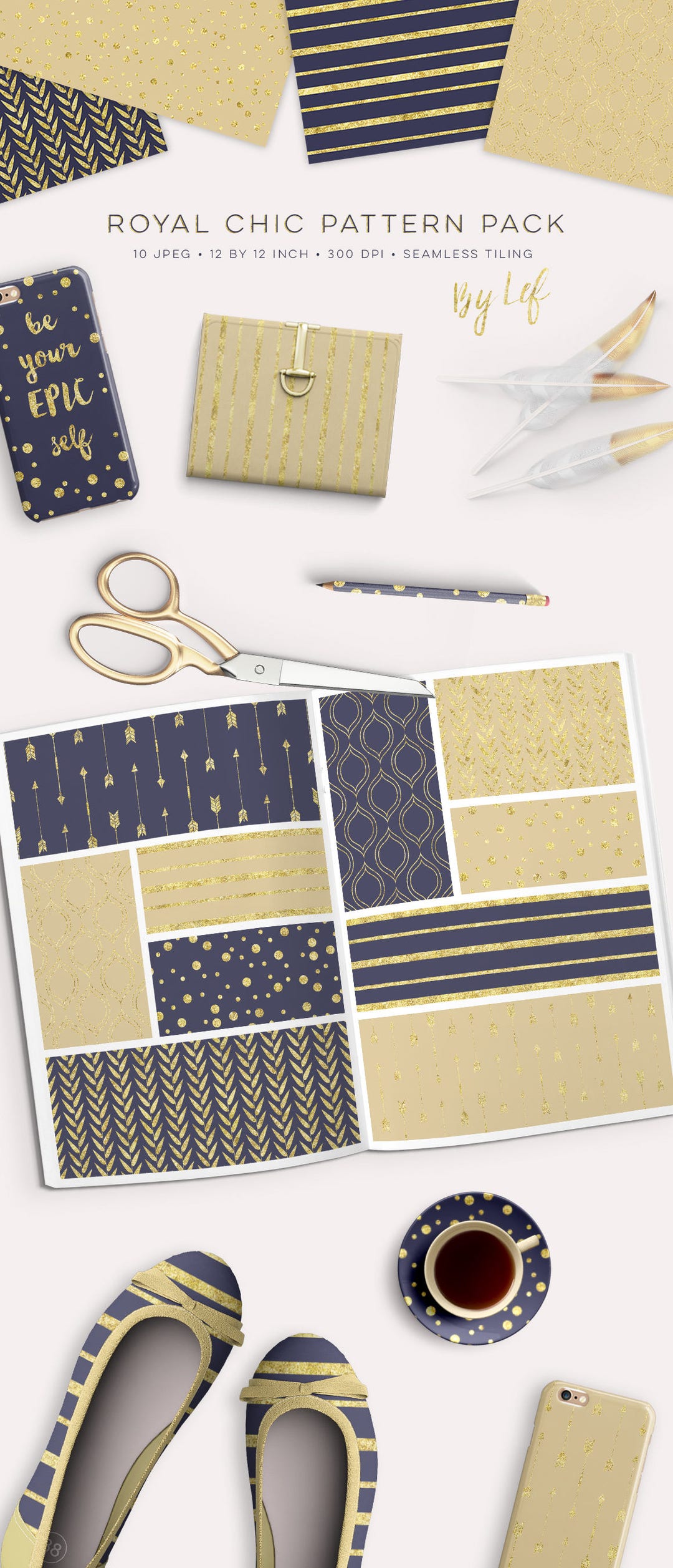 Gold Digital Paper, Scrapbook Paper, Gold Patterns, Blue and Gold ...