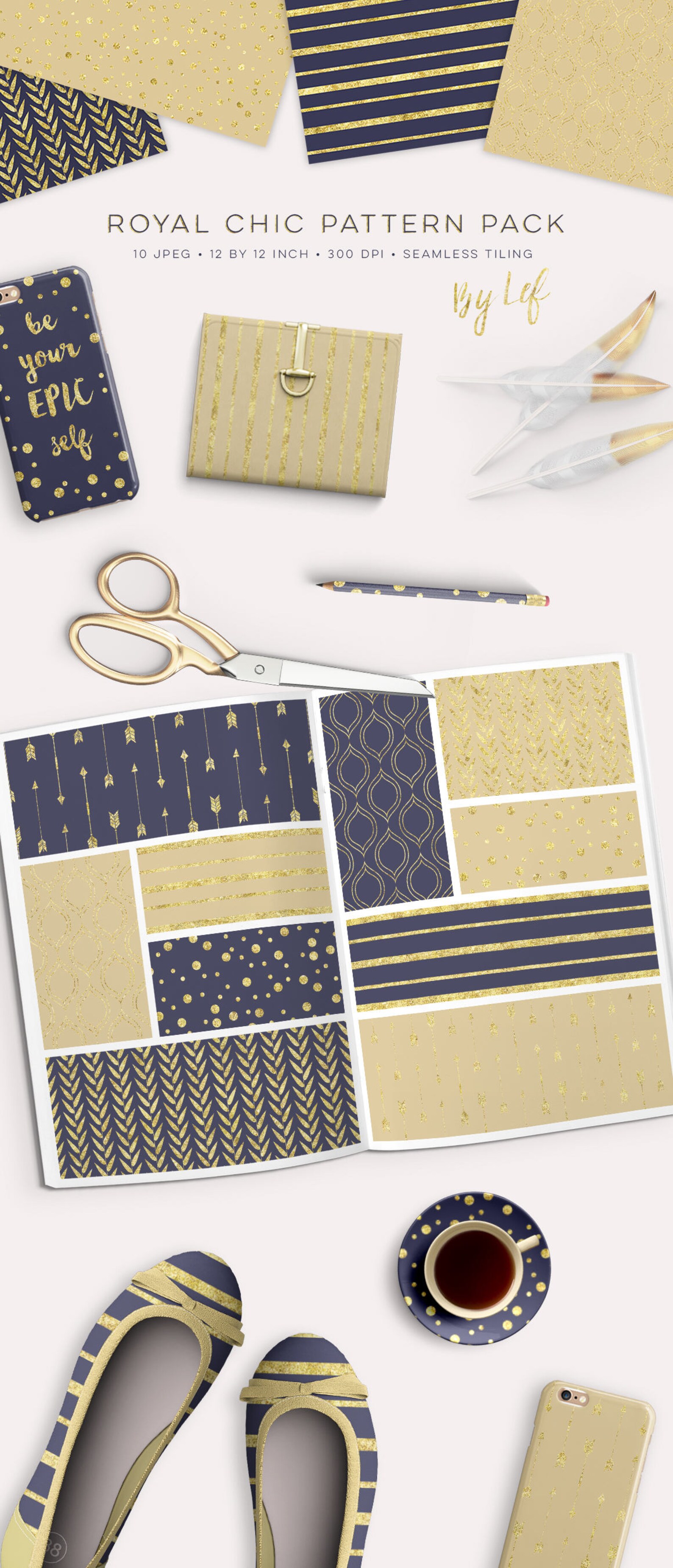 Gold Digital Paper Scrapbook Paper Gold Patterns Blue and - Etsy