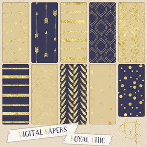 Gold Digital Paper, Scrapbook Paper, Gold Patterns, Blue and Gold ...