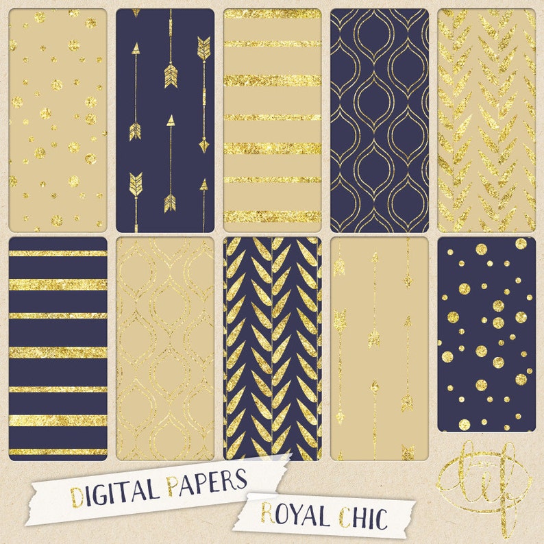 Gold Digital Paper Scrapbook Paper Gold Patterns Blue and - Etsy