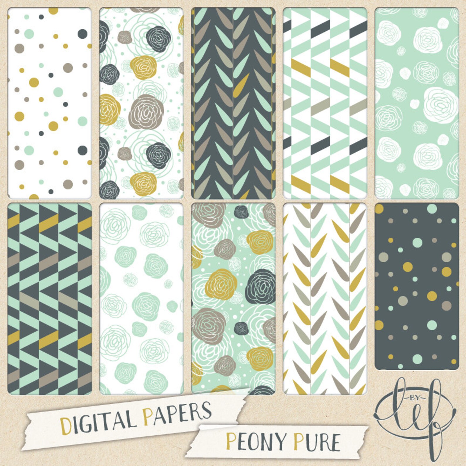 Digital Paper Pack Peony Digital Paper Mint Digital Paper | Etsy