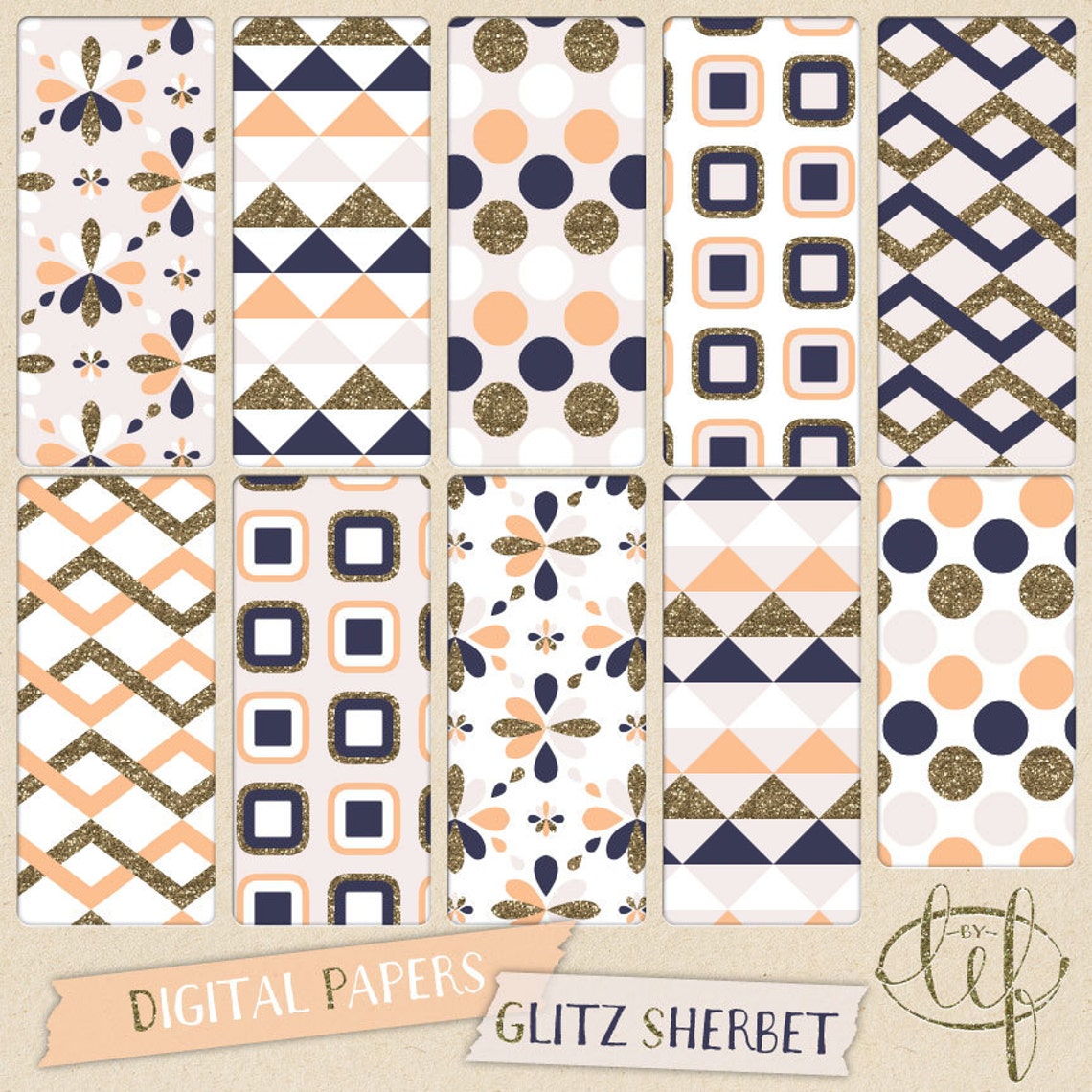 Coral Digital Paper, Navy Digital Paper, Glitter Clipart, Triangle ...