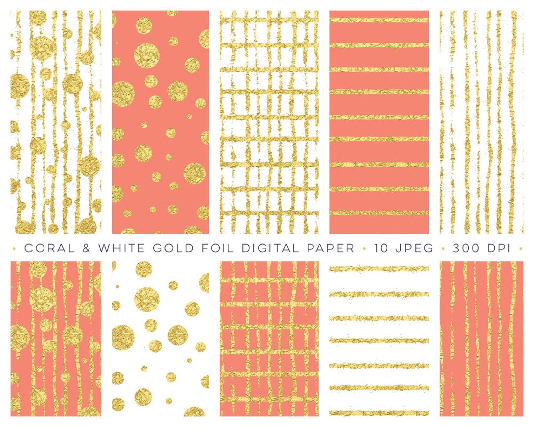 Goldfoil Digital Paper Pack, Coral and Gold, Gold Clipart, Coral ...