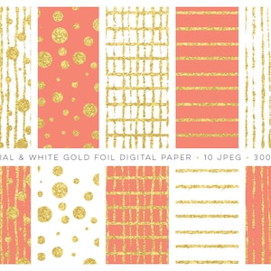 Coral and Gold Foil Digital Paper. Fashion Stripes and Dots and More ...