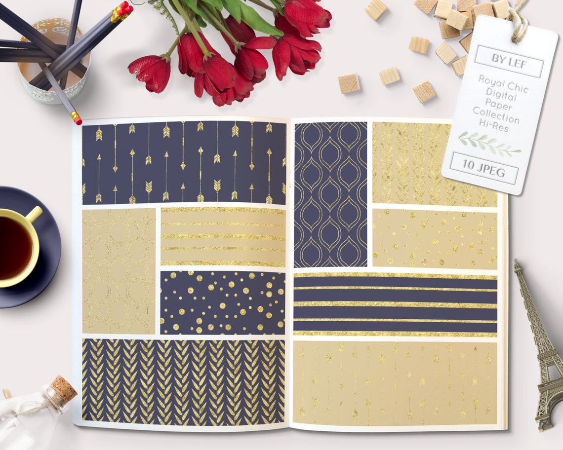 Gold Digital Paper Scrapbook Paper Gold Patterns Blue and - Etsy