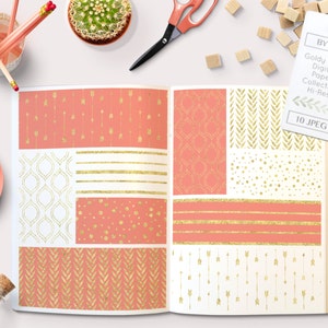 Coral and Gold Digital Paper Pack Including White Gold Glitter / Foil ...
