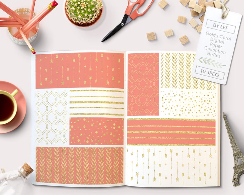 Coral and Gold Digital Paper Pack Including White Gold Glitter | Etsy