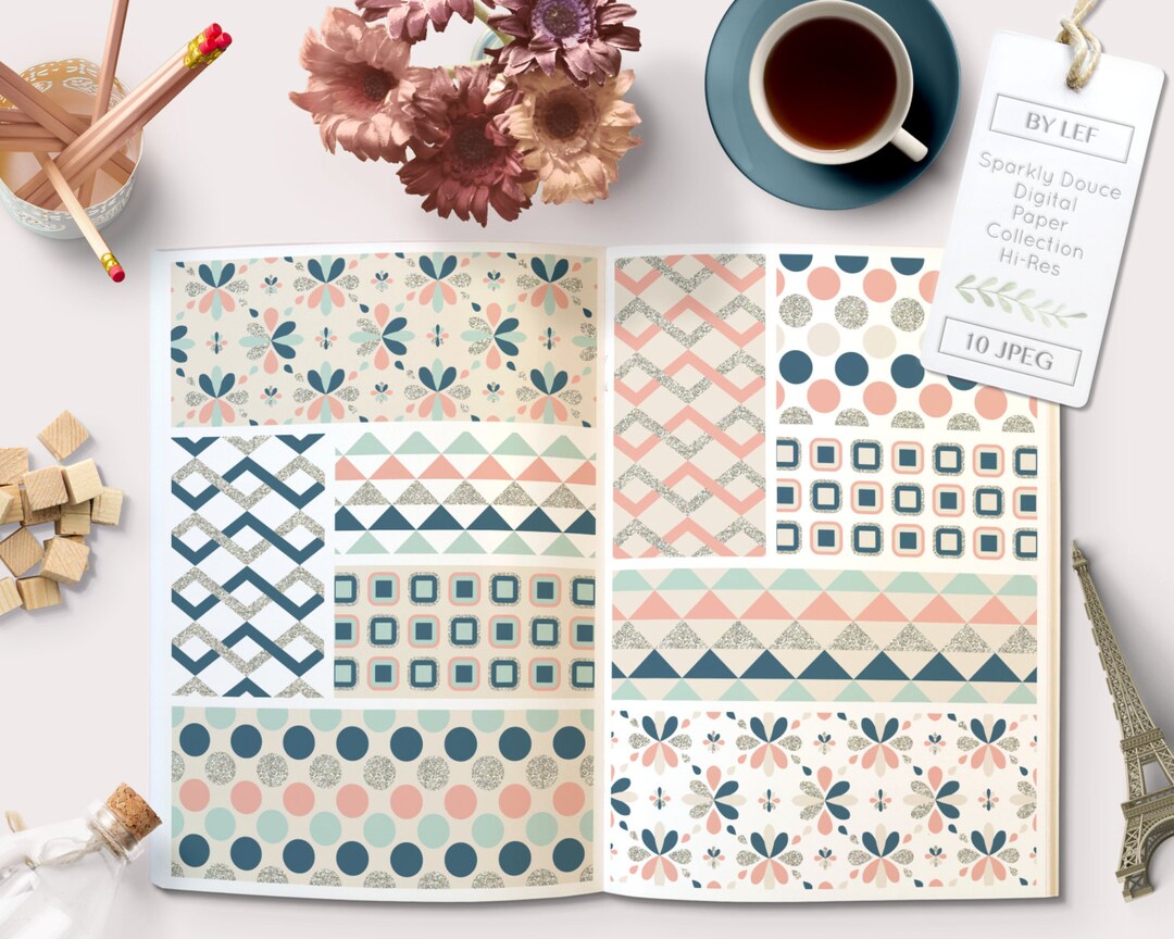 Silver Glitter Digital Paper Set, Mint, Navy Blue and Soft Pink ...