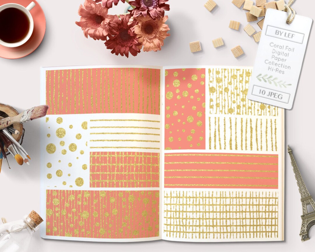 Coral and Gold Foil Digital Paper. Fashion Stripes and Dots and More ...