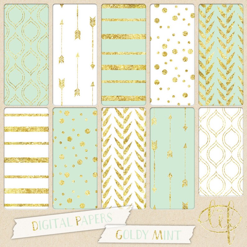 Gold and Mint Digital Papers With Arrows Stripes Dots - Etsy