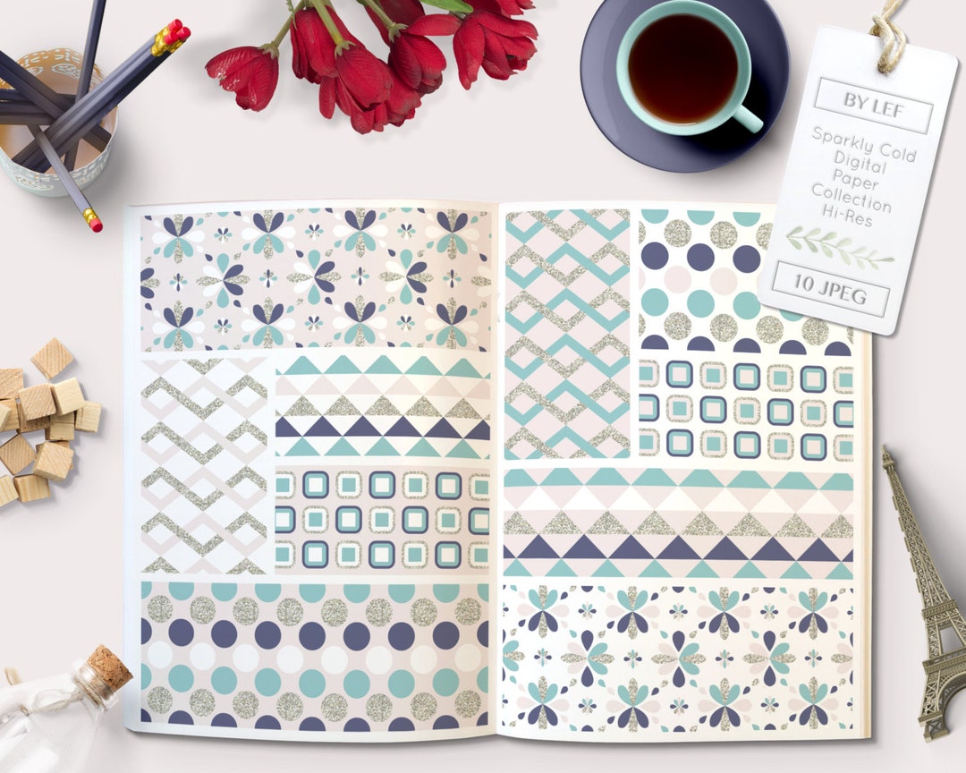 Silver Glitter Digital Paper Set, Turquoise, Navy Blue and Soft Pink ...