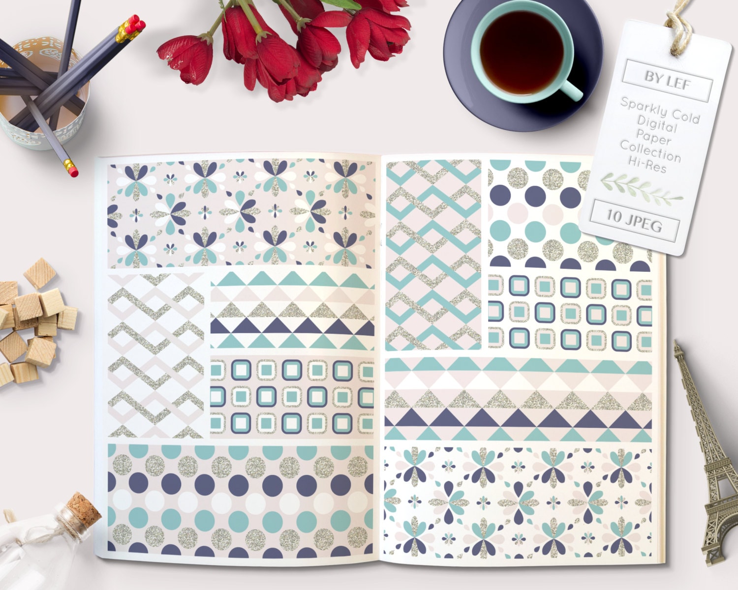 Silver Glitter Digital Paper set turquoise navy blue and | Etsy