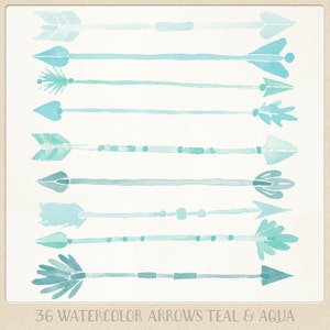 Hand Painted Watercolor Clipart Arrows Tribal (36 Pc) Teal Aqua ...