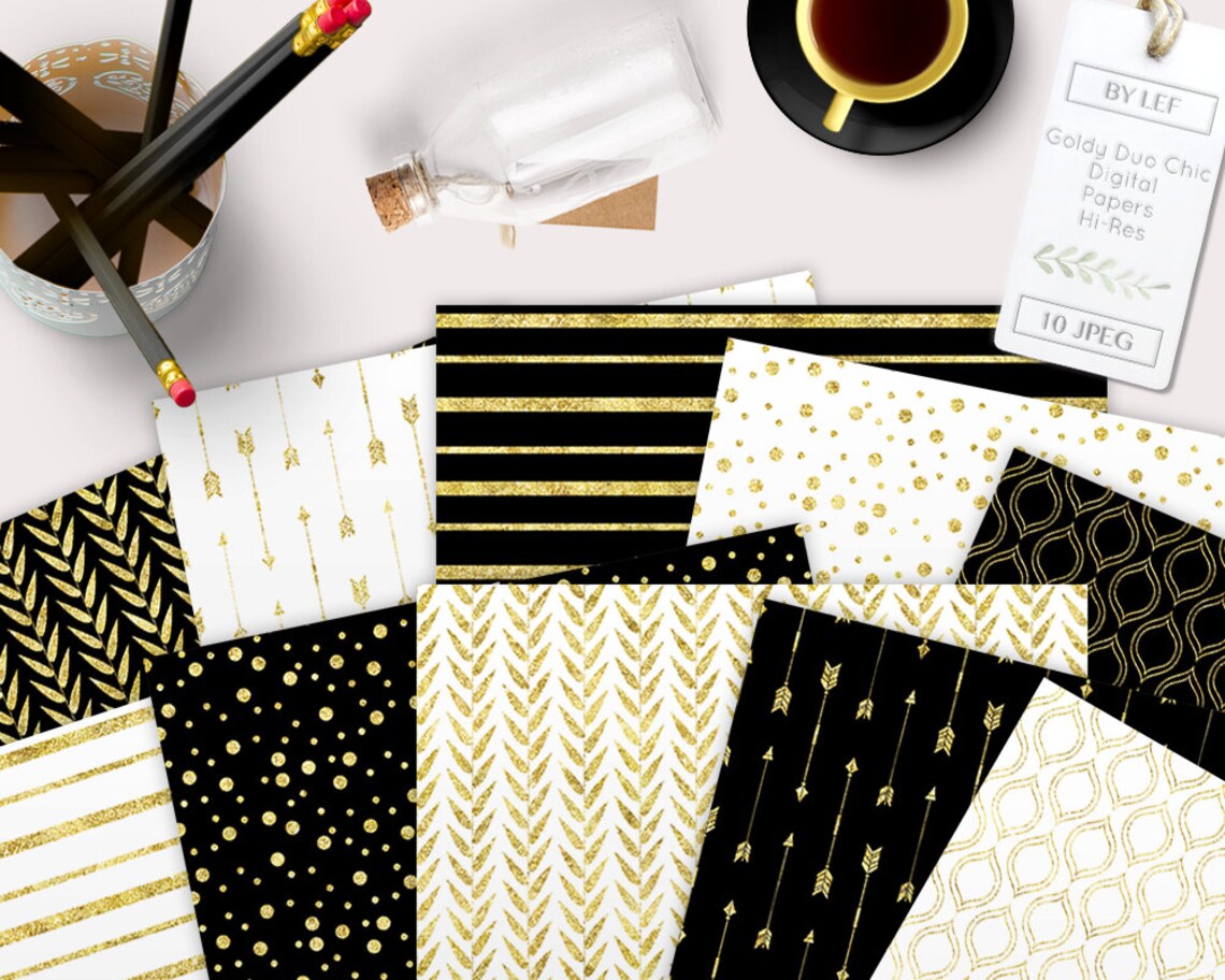Black White Digital Paper Gold Backgrounds Striped Digital - Etsy