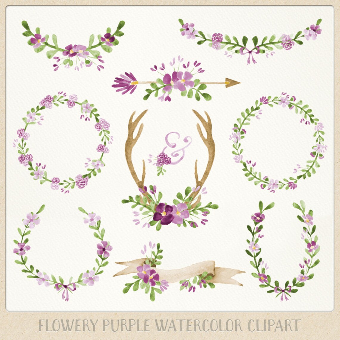 Watercolor Floral Clipart, Watercolor Wreath Clipart, Laurel Clipart ...