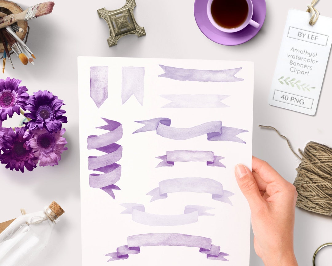 Watercolor Ribbons Clipart, Watercolor Clipart, Purple Watercolor ...