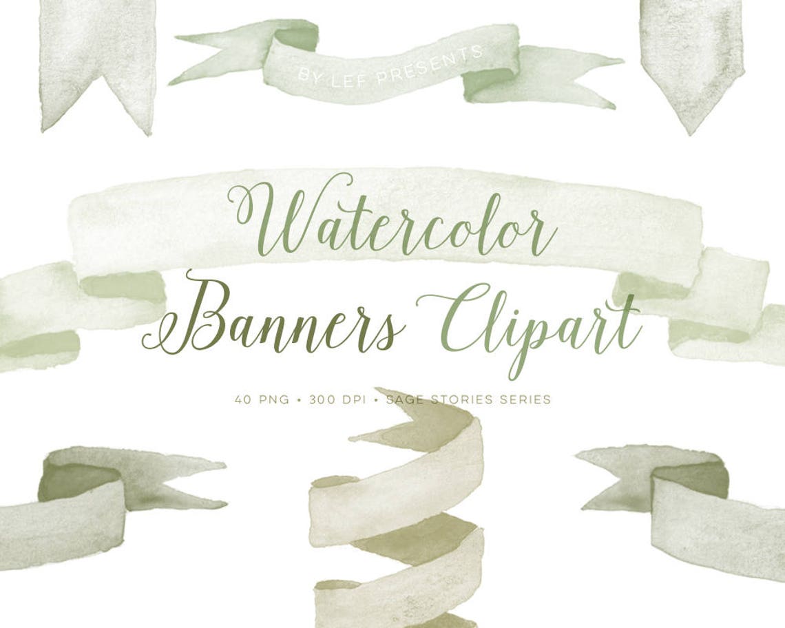 Watercolor Banners Clipart Green Watercolor Clipart Ribbon - Etsy