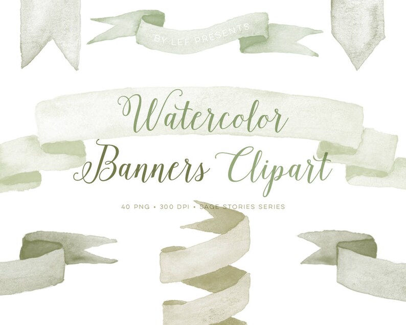 Watercolor Banners Clipart Green Watercolor Clipart Ribbon - Etsy