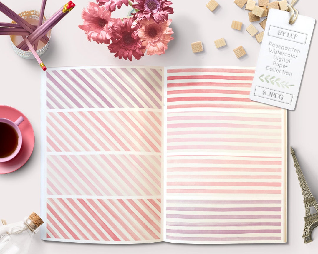 Digital Paper Watercolor, Striped Background, Pink Digital Paper ...