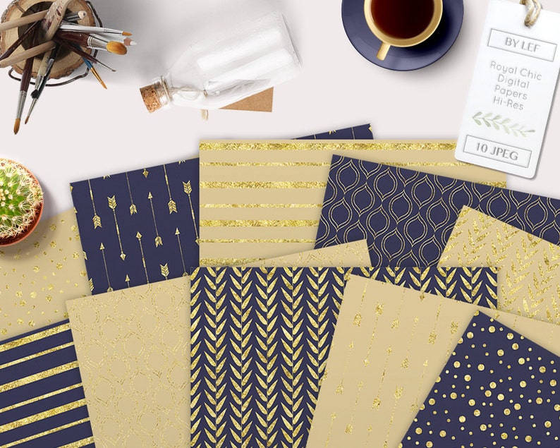 Gold Digital Paper Scrapbook Paper Gold Patterns Blue and - Etsy