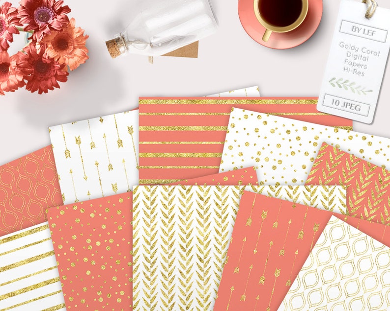 Coral and Gold Digital Paper Pack Including White Gold Glitter | Etsy