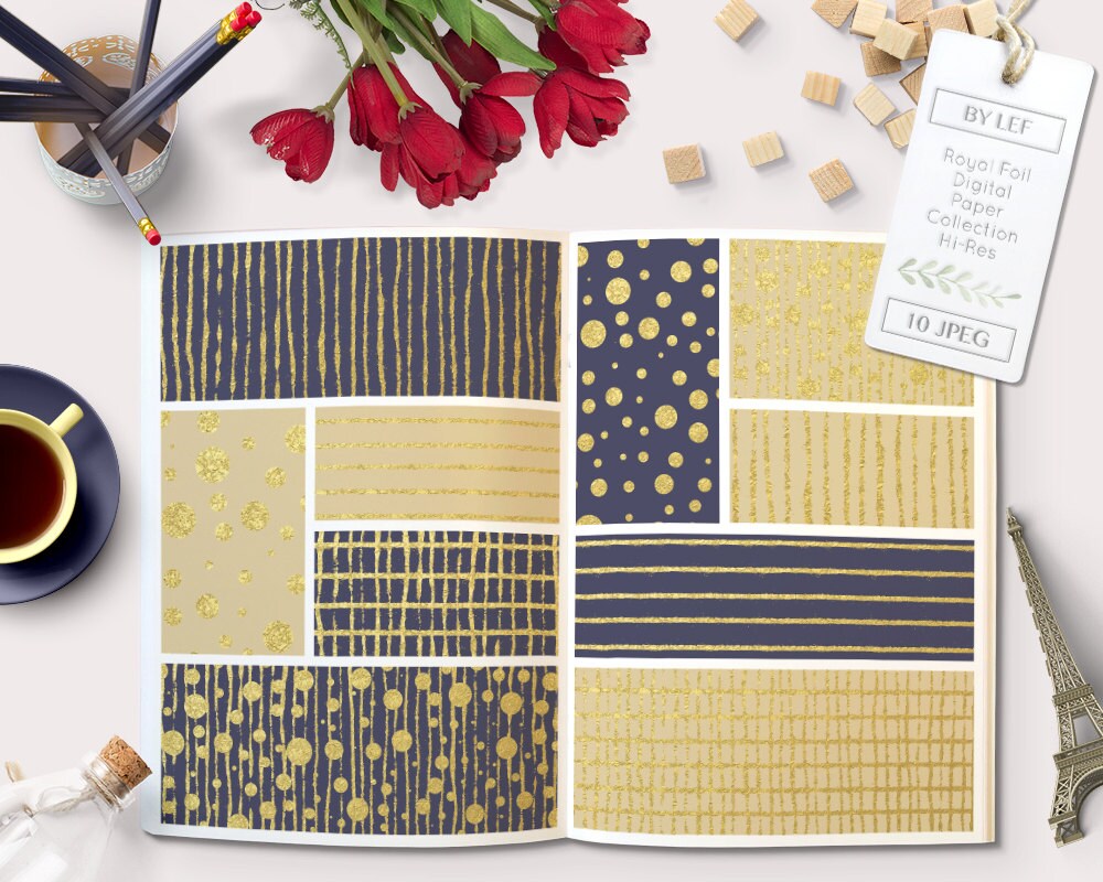 Digital Paper Pack Navy Blue and Gold Foil. Scrapbooking Paper - Etsy