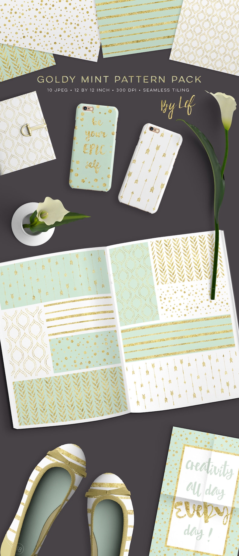 Gold and Mint Digital Papers With Arrows Stripes Dots - Etsy