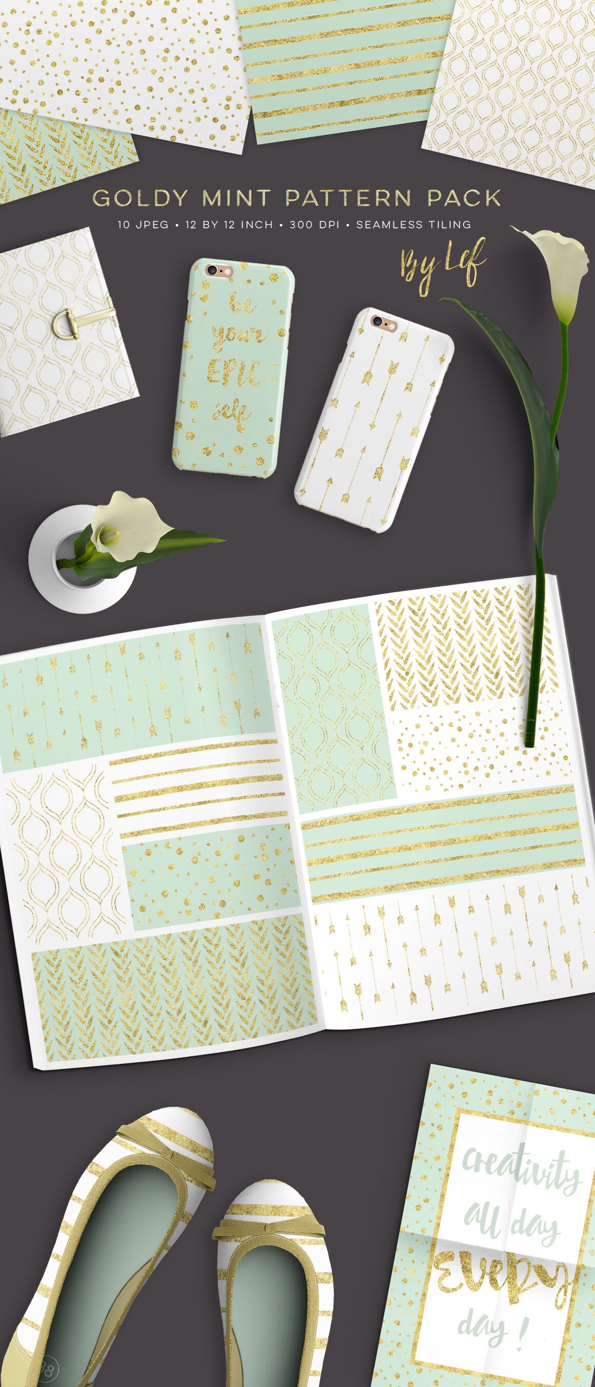 Gold and Mint Digital Papers With Arrows, Stripes, Dots Confetti and ...