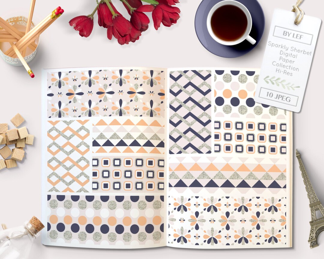 Silver Glitter Digital Paper Set, Navy Blue Coral / Pink and Cream ...