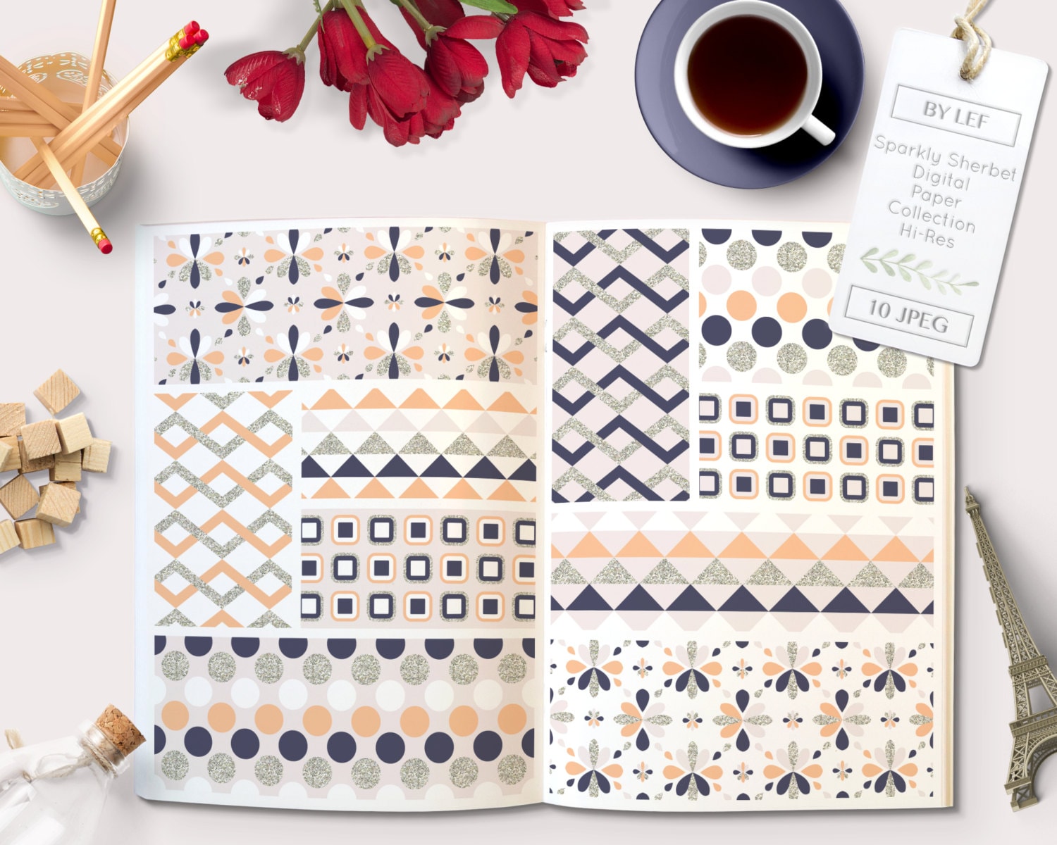 Silver Glitter Digital Paper Set, Navy Blue Coral / Pink and Cream ...