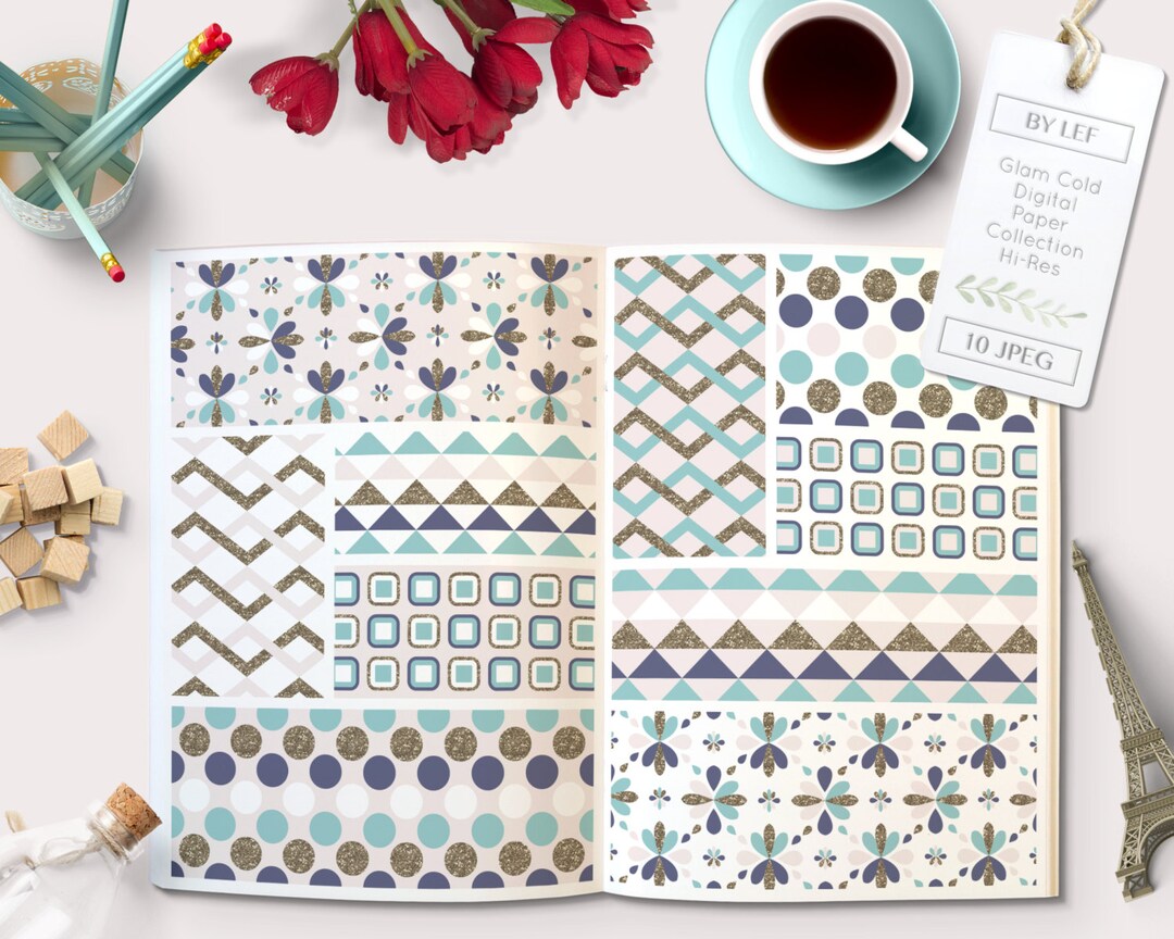 Gold Glitter Digital Paper Set, Turquoise, Navy Gold and Soft Pink ...