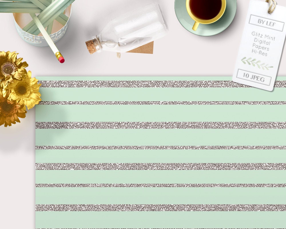 Digital Paper Pack Silver Glitter and Mint. Instant Download JPEG and ...