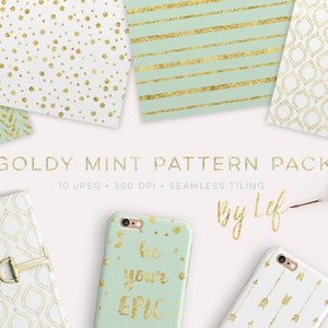 Gold and Mint Digital Papers With Arrows, Stripes, Dots Confetti and ...