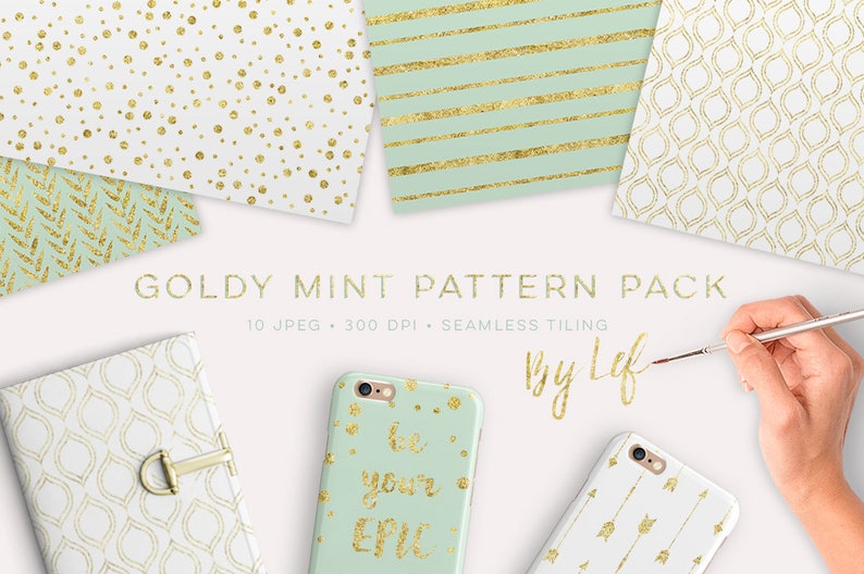 Gold and Mint Digital Papers With Arrows, Stripes, Dots Confetti and ...