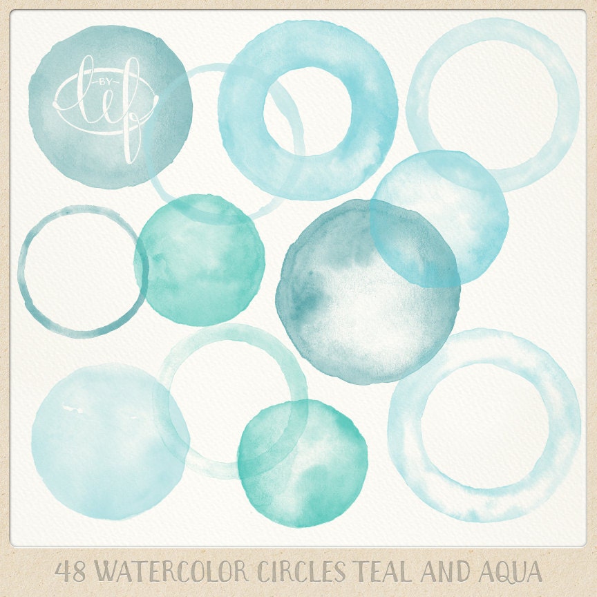 Watercolor Clipart Circles and Frames 48 Pc Teal Aqua - Etsy
