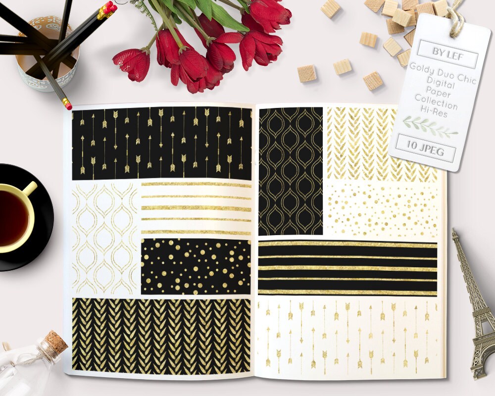 Black White Digital Paper Gold Backgrounds Striped Digital - Etsy