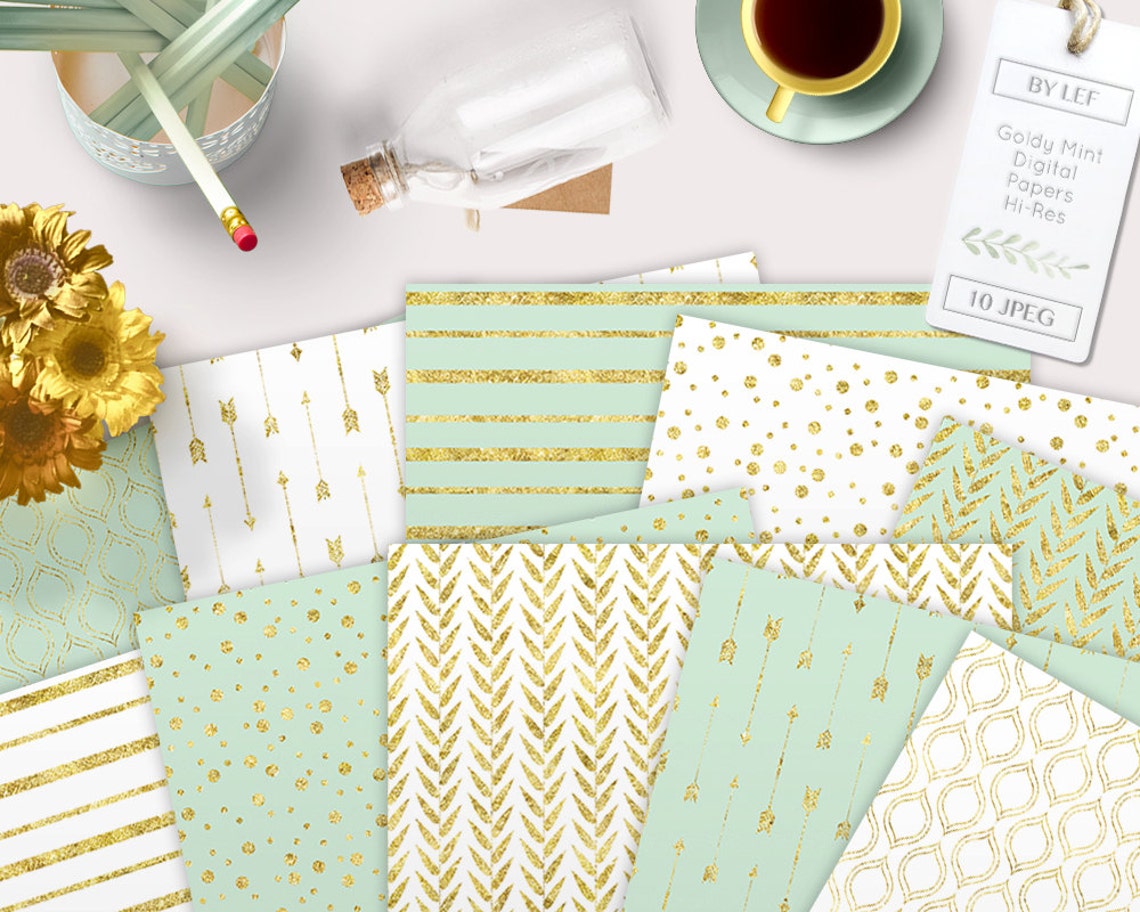 Gold and Mint Digital Papers With Arrows Stripes Dots - Etsy