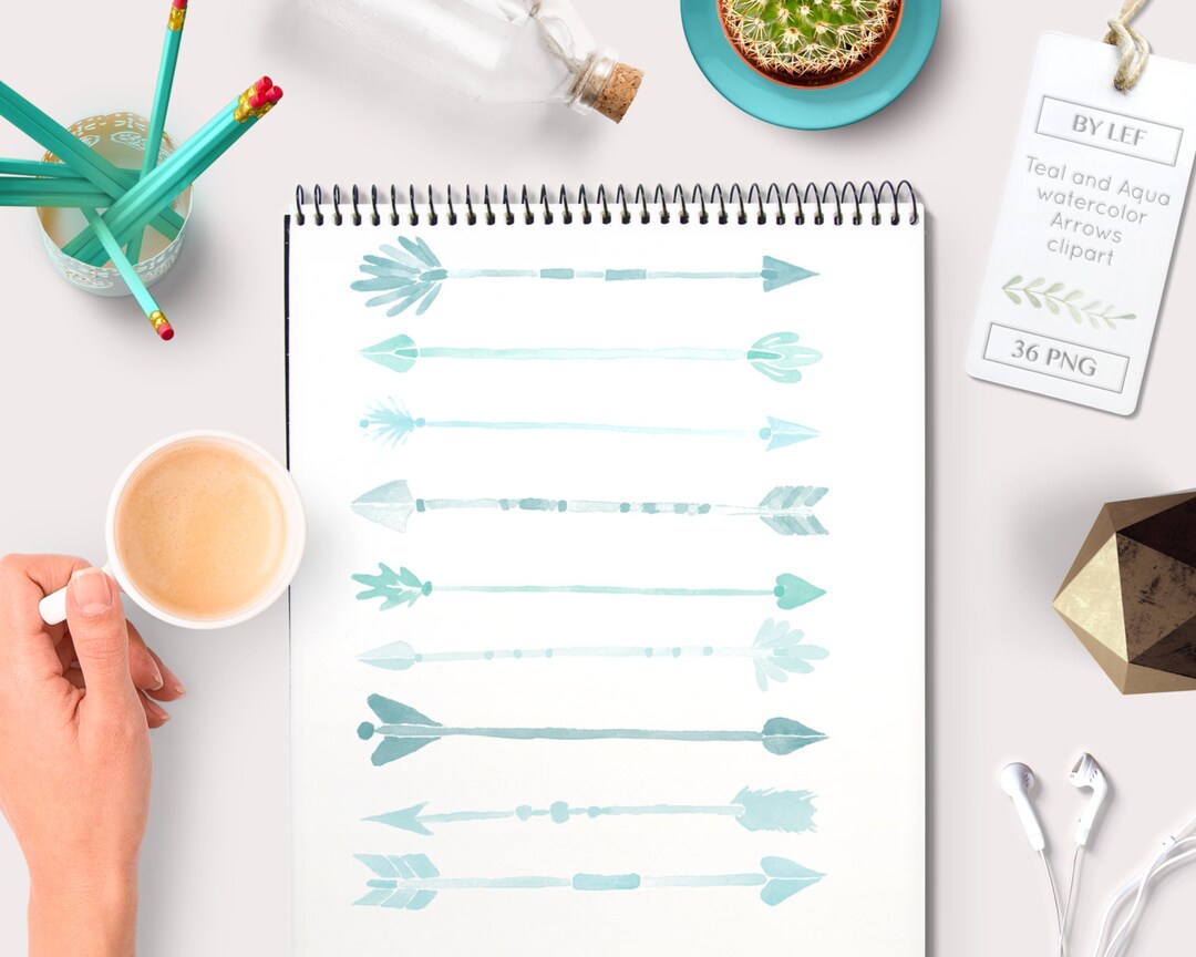 Hand Painted Watercolor Clipart Arrows Tribal (36 Pc) Teal Aqua ...