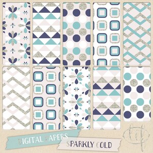 Silver Glitter Digital Paper Set, Turquoise, Navy Blue and Soft Pink ...