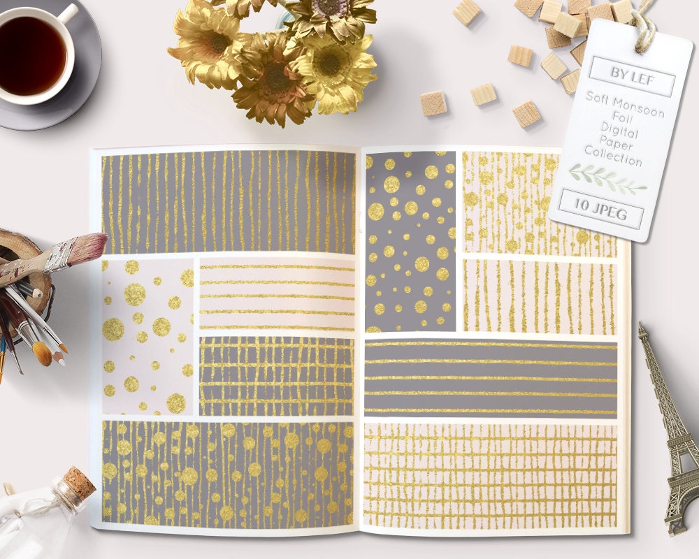 Gold and Grey Digital Paper Pack. Pink, Gray, Gold Graphics for Instant ...