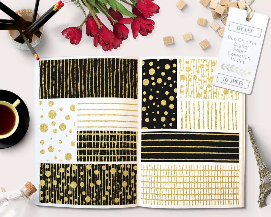 Digital Paper Pack, Black and White, Goldfoil Graphics, Gold Digital ...