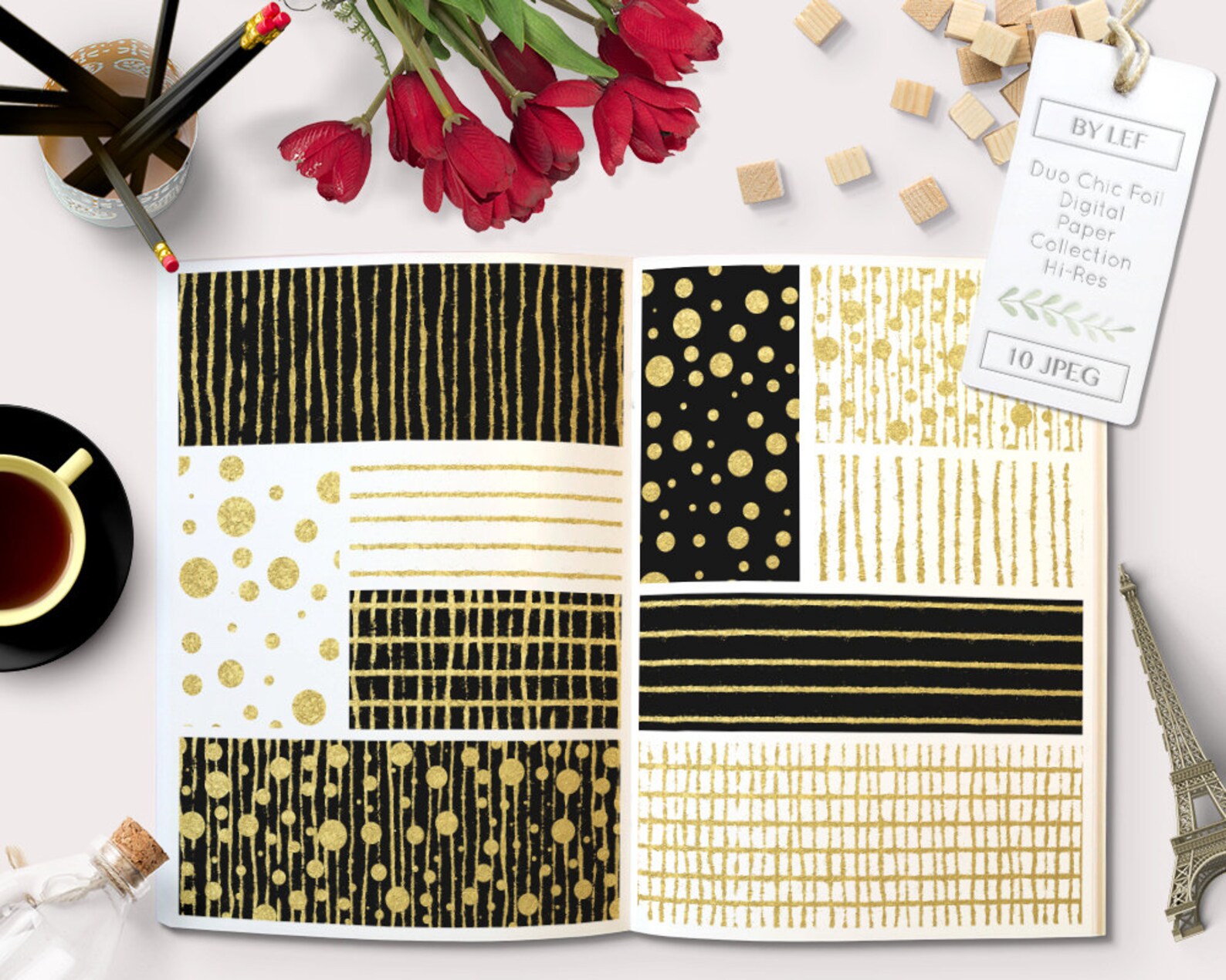 Foil Digital Paper, Black White Paper, Gold Digital Paper, Dots Digital ...