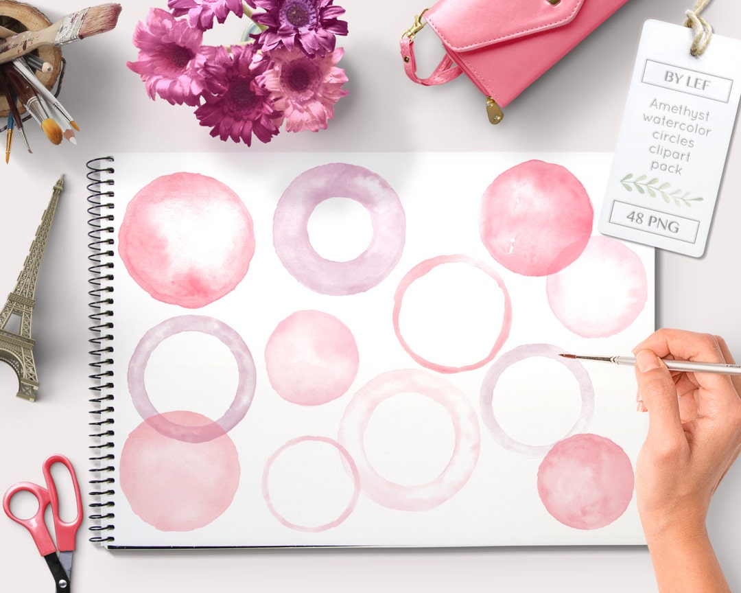 Watercolor Clipart Circles Borders and Frames (48 Pc) Pink Purple Rose ...