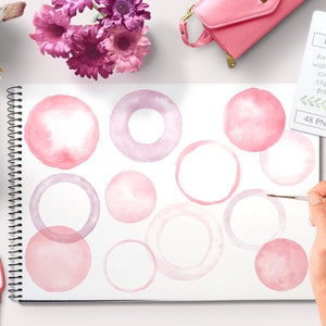 Watercolor Clipart Circles Borders and Frames (48 Pc) Pink Purple Rose ...