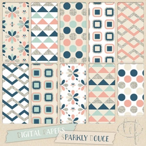 Silver Glitter Digital Paper Set, Mint, Navy Blue and Soft Pink ...